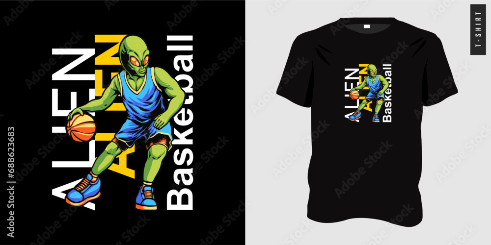 Alien character t-shirt design playing basketball. Typography. Graphic ...