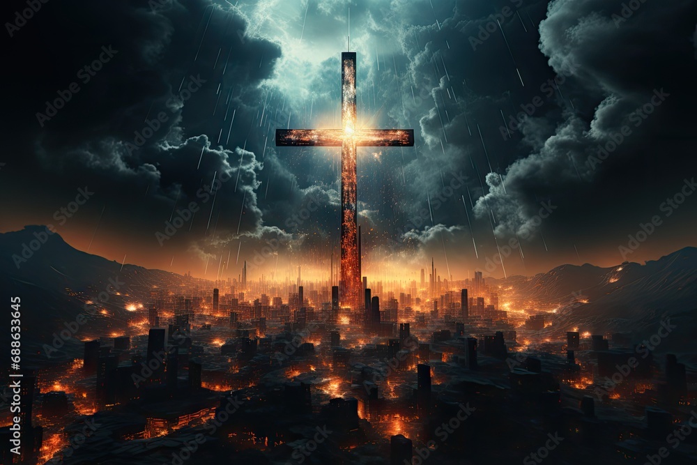 Glowing Catholic cross above the earth and surrounding clouds. Sacred ...