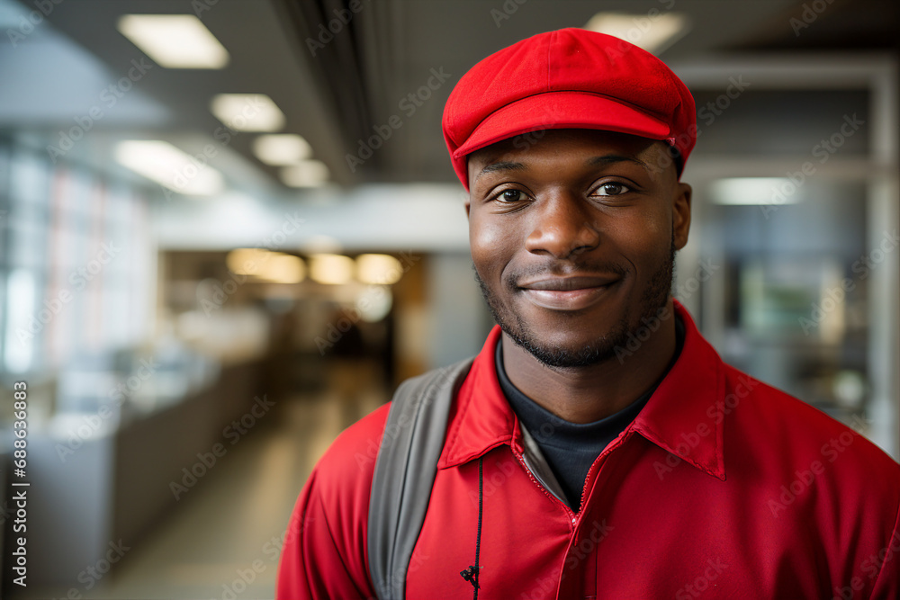 Generative AI picture of black man postman in uniform delivering parcel ...