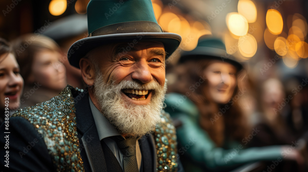 people in green costumes for St. Patrick's Day on the street of Dublin ...