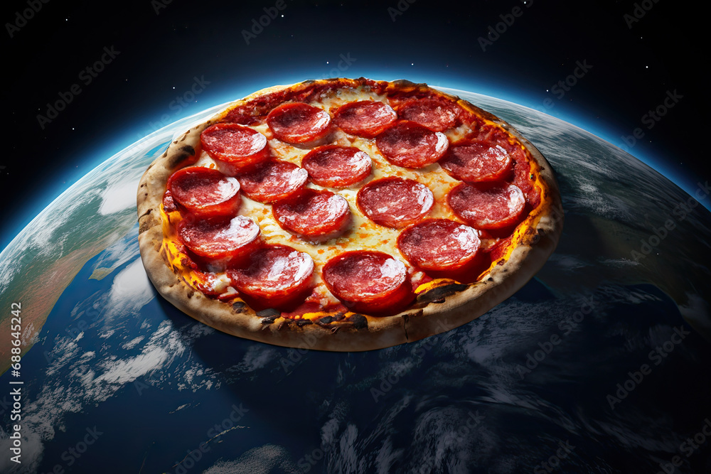 Highly detailed image of a globe with the surface of a salami pizza ...