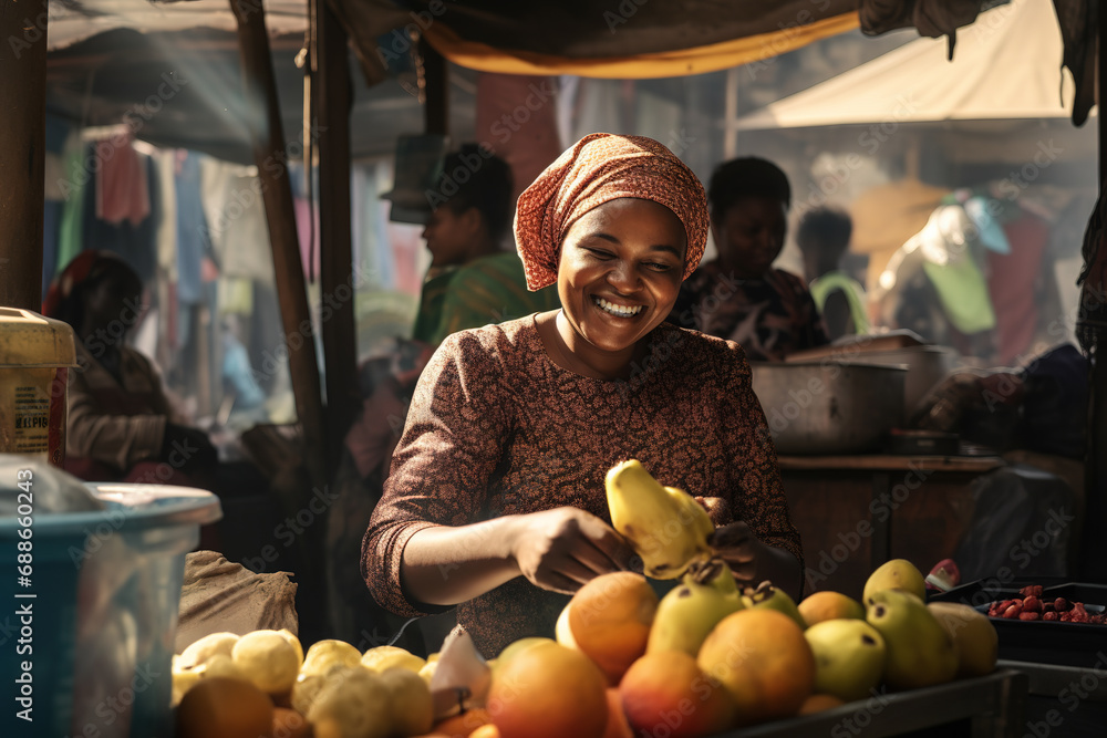 Smiling African grocery seller woman standing at her stall in a market ...