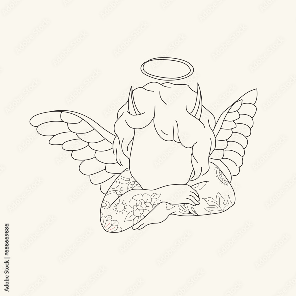 Baby angel line drawing. Isolated white background. Cherub wings ...