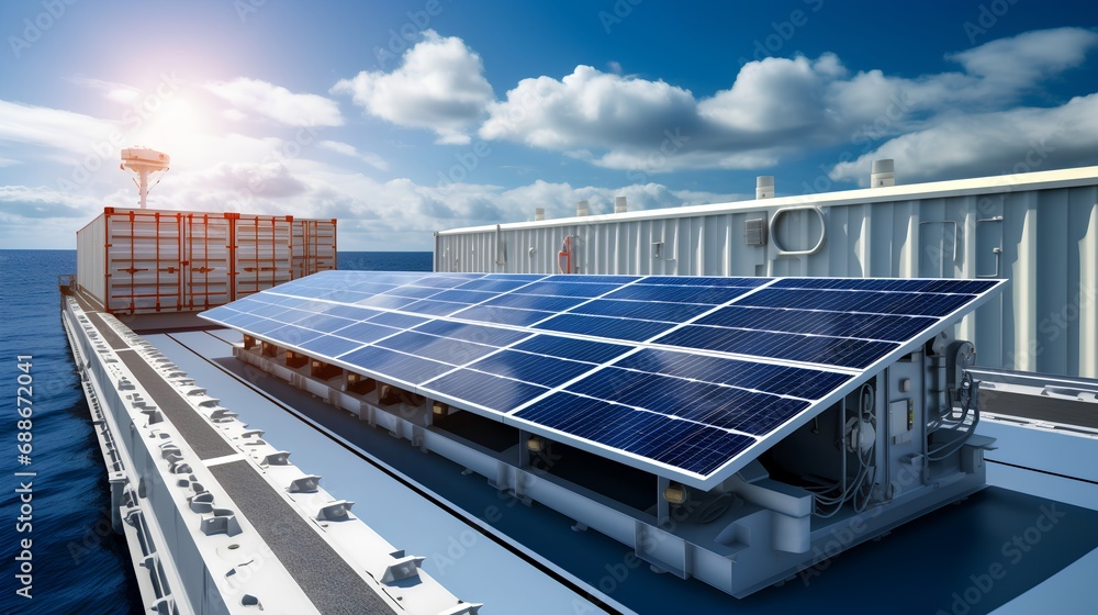 large cargo ship adorned with numerous solar panels, illustrating the ...