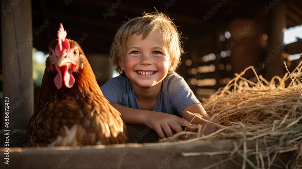 little child with chicken, Rhode Island Red chicken. Stock Photo ...