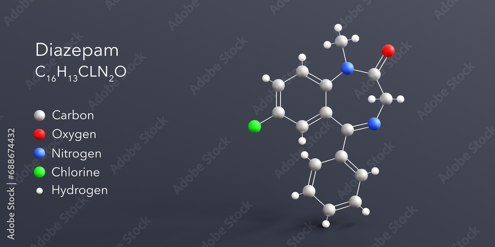 diazepam molecule 3d rendering, flat molecular structure with chemical ...