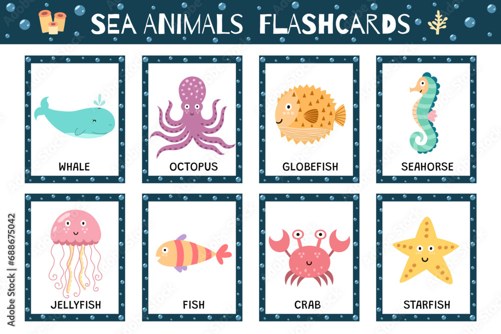 Sea animals flashcards collection for kids. Flash cards set with cute ...