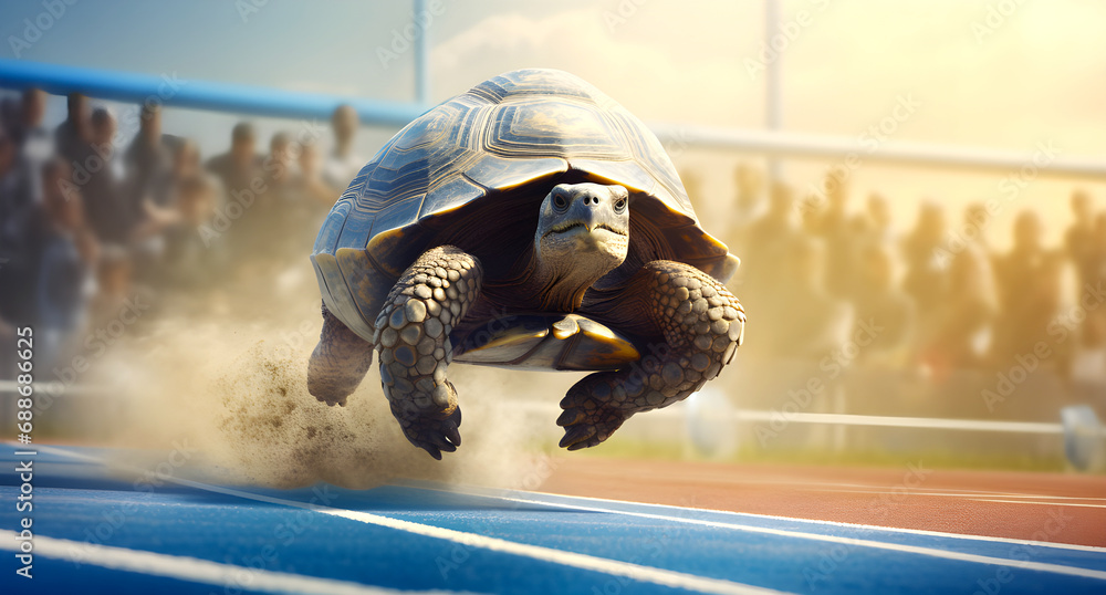 A turtle is running fast on a sports track, kicking up dust, with ...