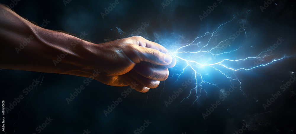 Hand holding up a lightning bolt. Energy and power. Stormy background ...
