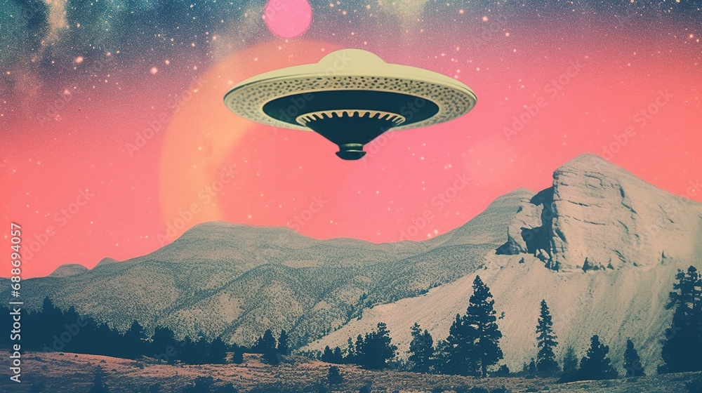 Generative AI, Vintage risograph collage of alien UFO in space, pastel ...