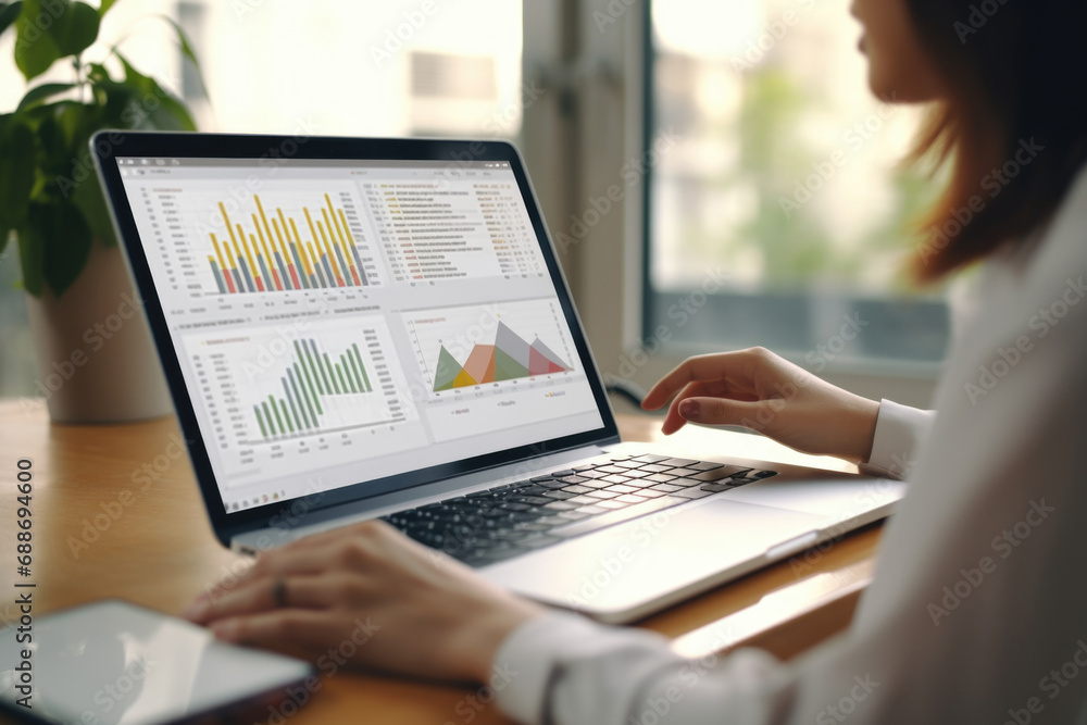 Female hands typing on laptop keyboard, infographic with charts and ...
