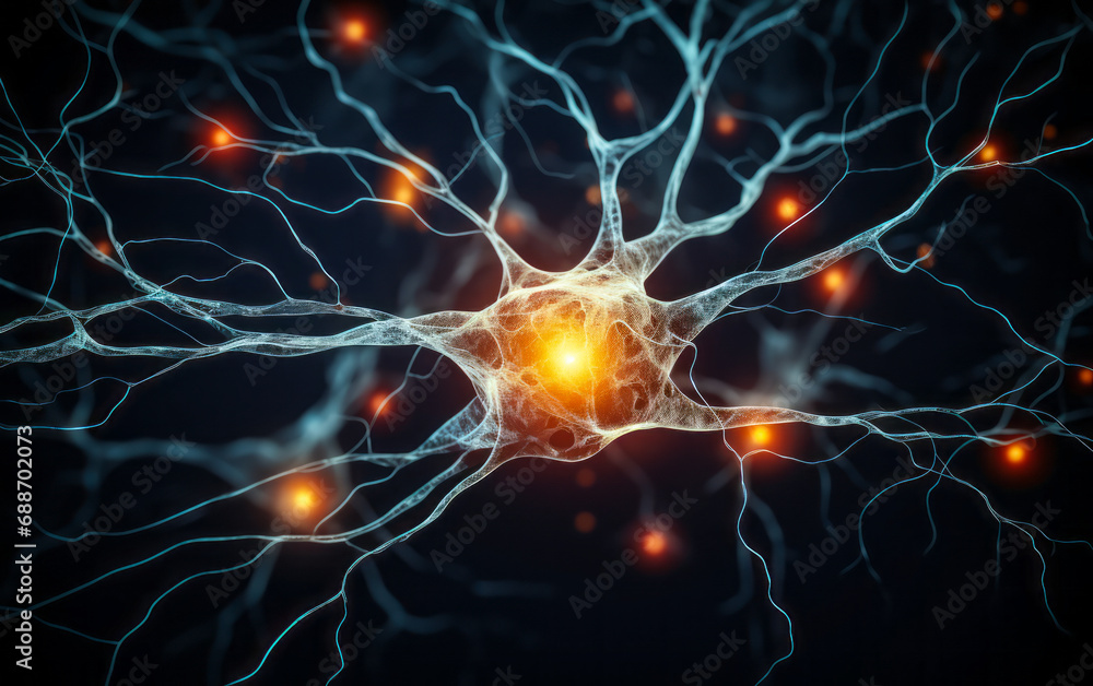 Digital illustration of a neuron cell with detailed dendrites and axon ...