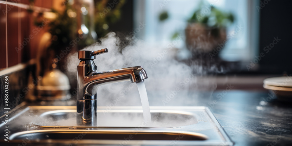 Hot water flowing from a modern faucet with steam rising, signifying ...