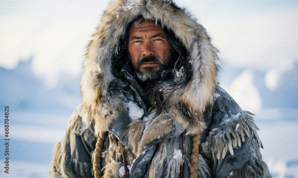 Indigenous Arctic explorer in traditional fur clothing stands against a ...
