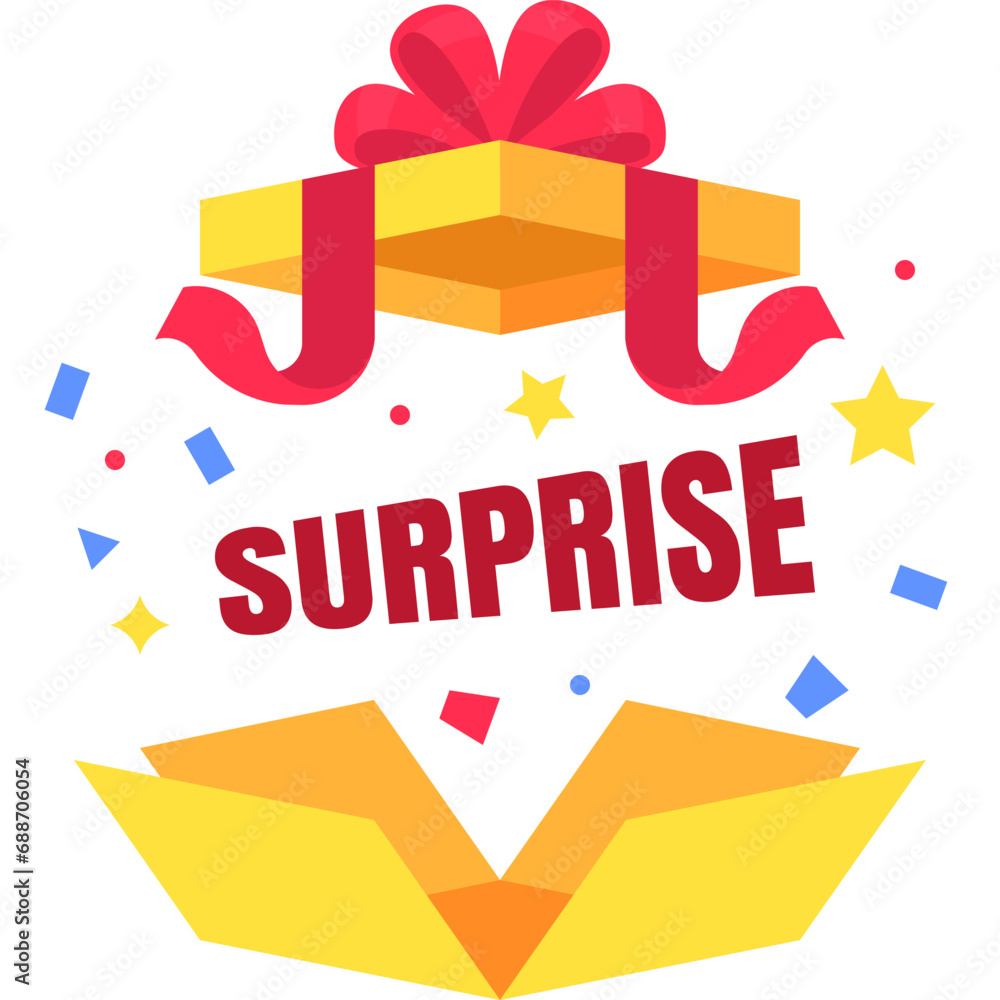 Yellow blank gift box with surprise text in flat design for using as ...