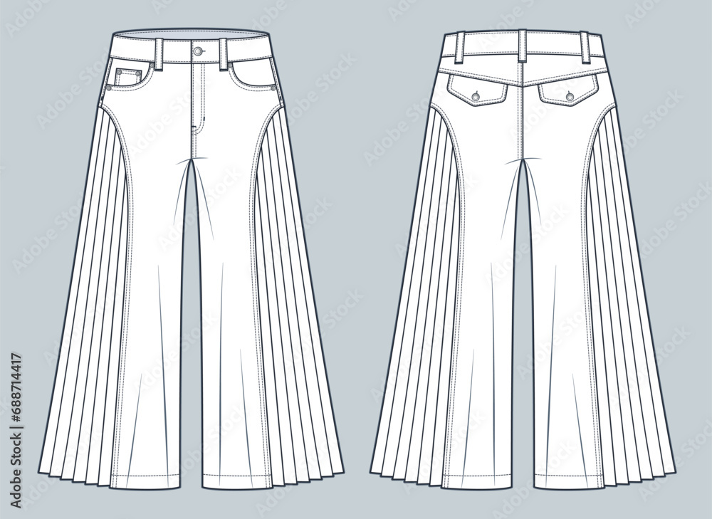 Wide Leg Pants technical fashion illustration. Culottes Skirt Pants ...
