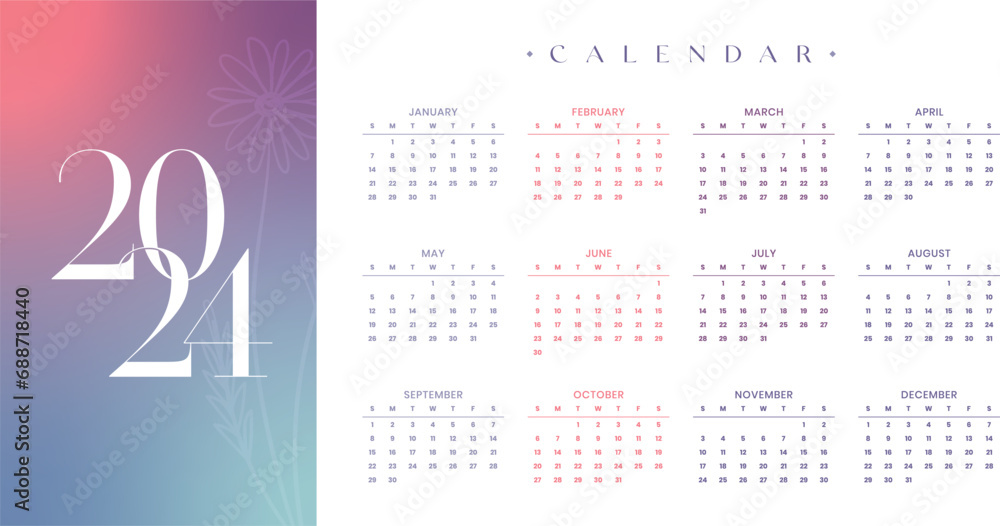 Monthly calendar template for 2024 year. Wall calendar in a minimalist ...