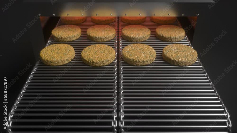 Veggie burgers running on a conveyor belt grill machine, automatic ...