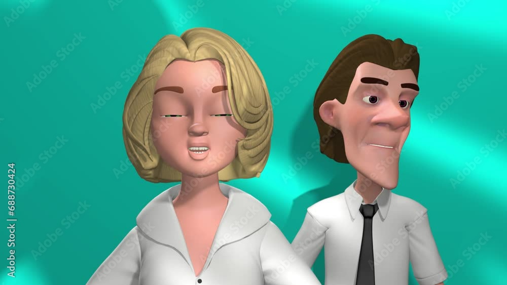 3d animation, two cartoons characters on blue wall, one cartoon ...