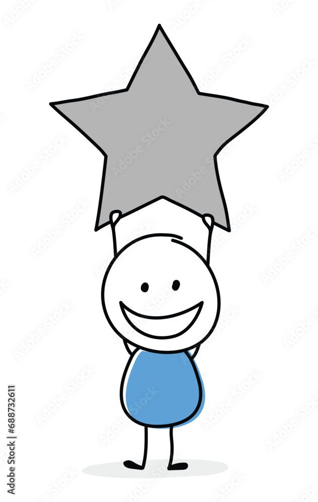 Funny cartoon stickman holding star icon. Hand drawn design for a ...