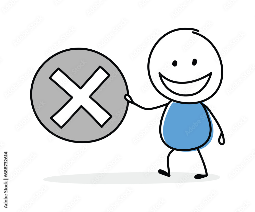 Funny cartoon stickman holding x mark icon. Hand drawn design for a ...