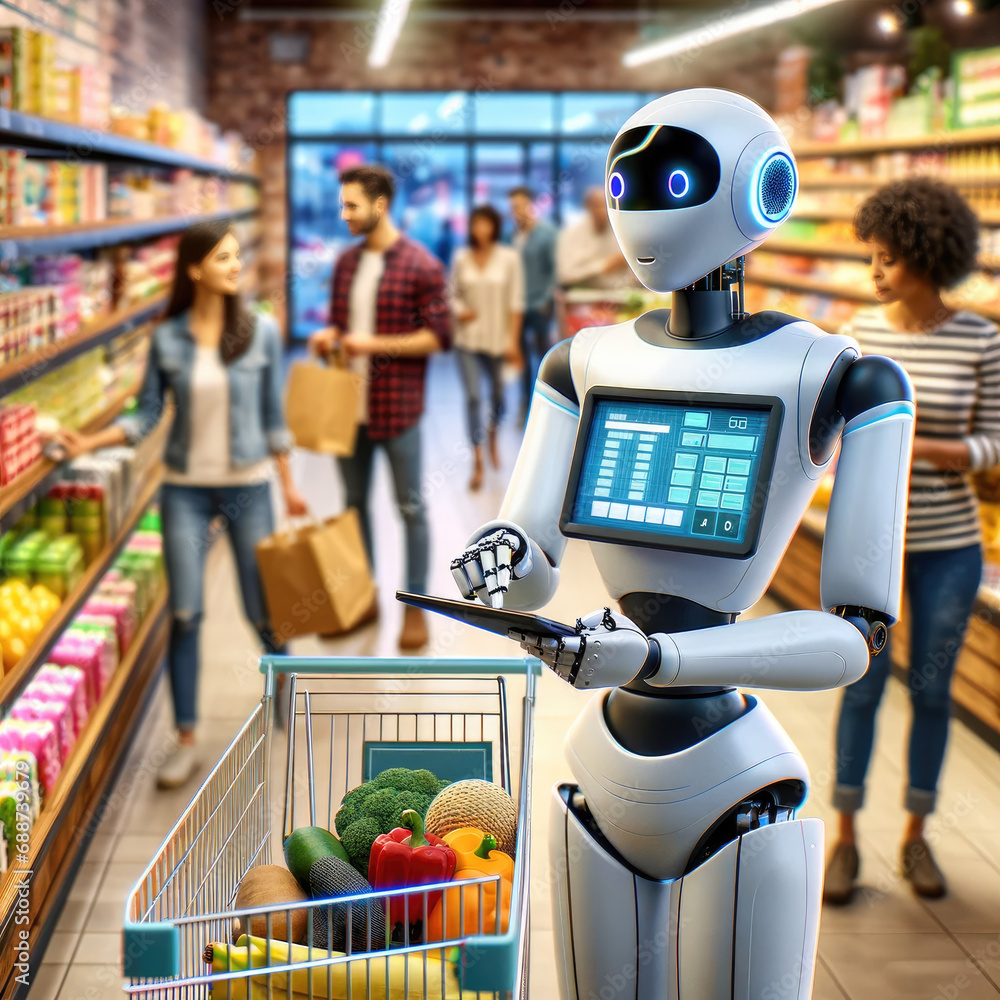 Humanoid robot working as a cashier in a bustling grocery store Stock ...