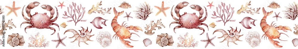 Marine seamless border. Watercolor animals crab and fish with shells on ...