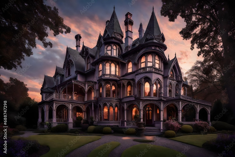 Design an image of a Gothic Revival-style Victorian house with pointed ...
