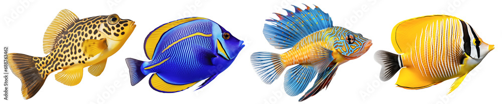 Multicolored aquarium fishes on a transparent background, side view ...