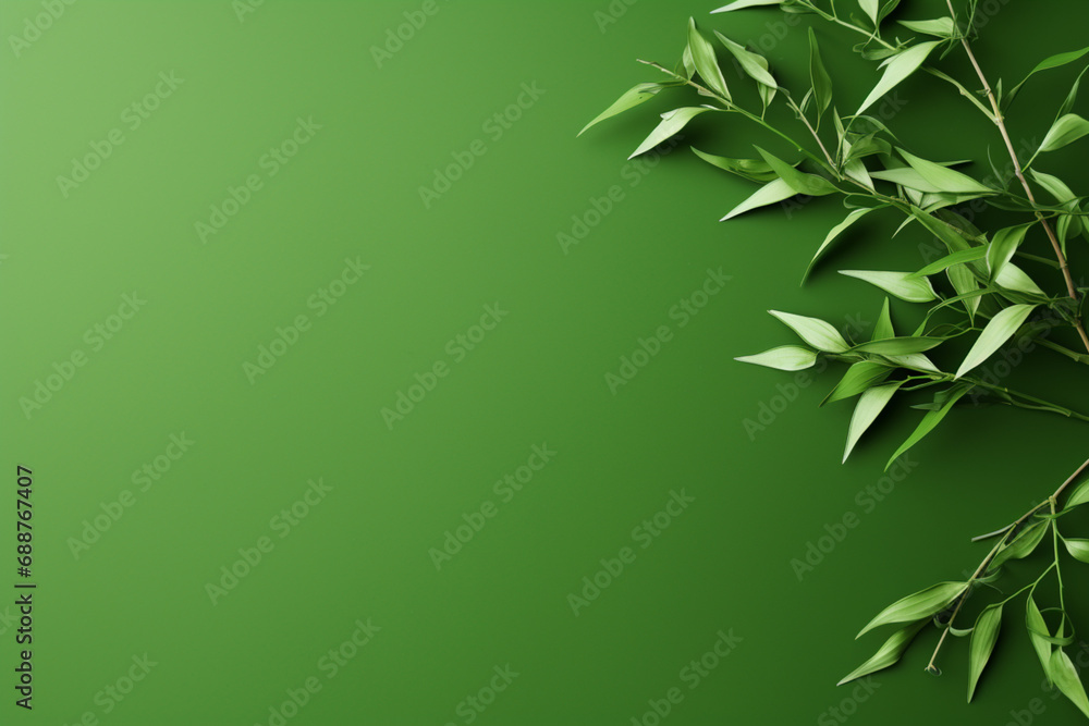 Fond vert avec espace vide de composition et feuilles sur le côté ...