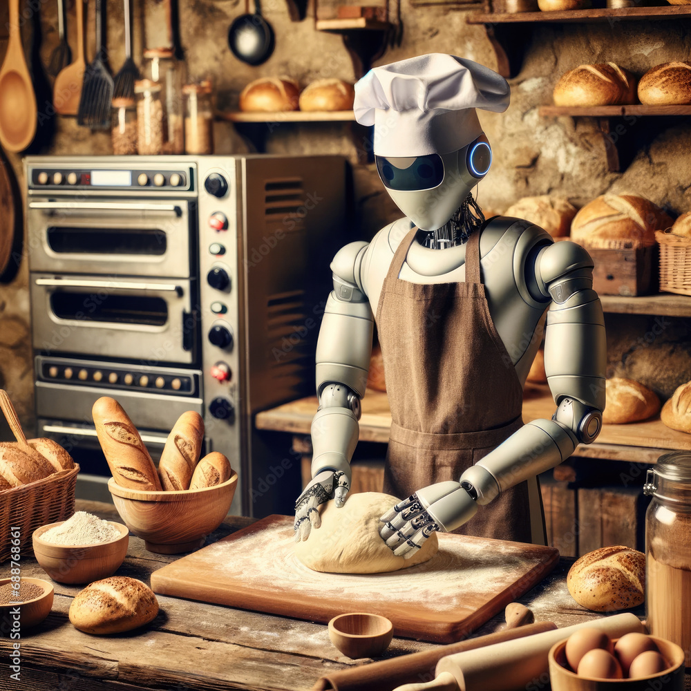 Humanoid robot as a baker in a traditional bakery, making bread Stock ...