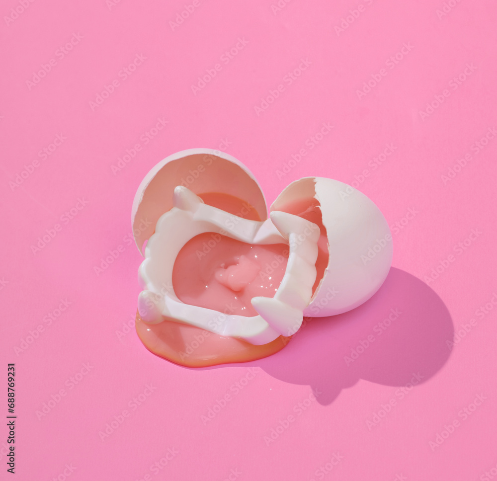 Creative layout with vampire jaw hatched from egg on bright pink ...