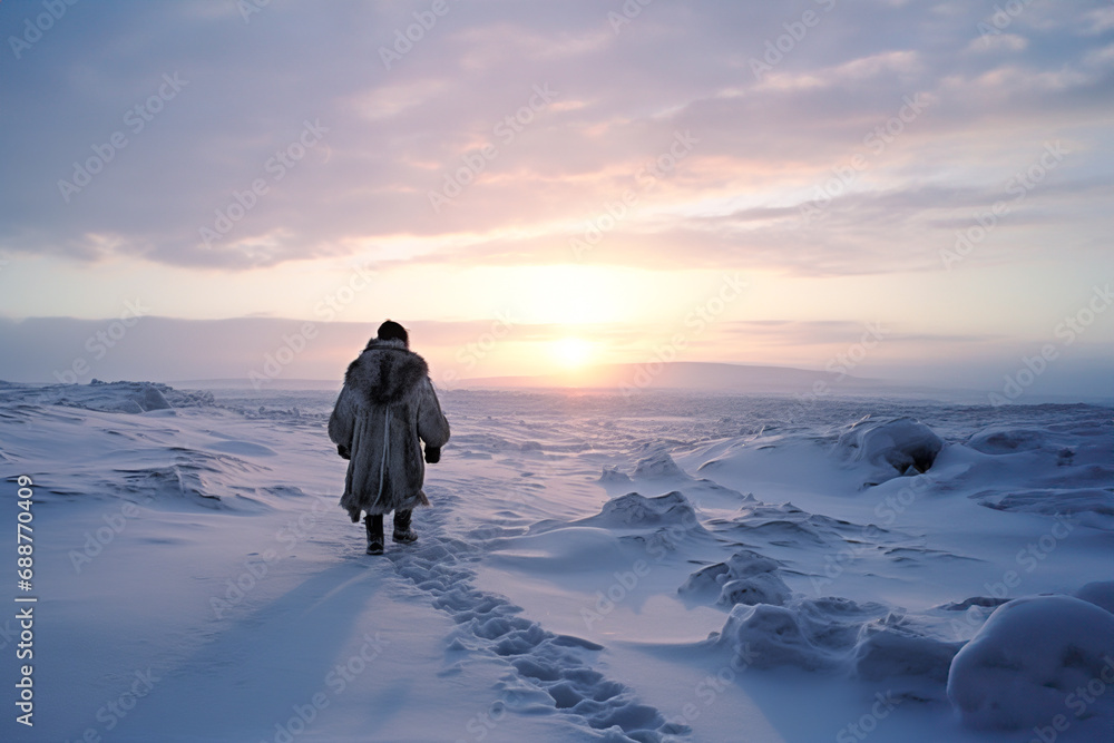 Generative AI image of back view of an anonymous Eskimo individual ...