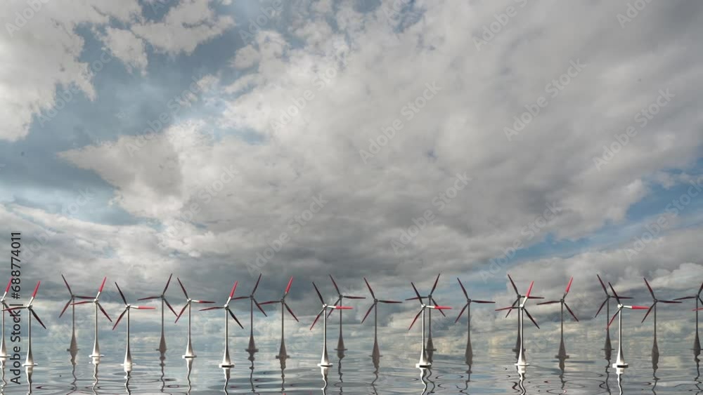 Camera pulls back through rotating blades of a wind turbine in an ...