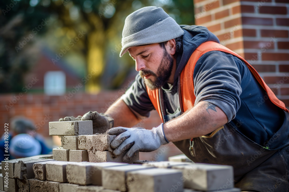 Bricklayer building a brick wall , 8k, Portrait photography, Depth of ...