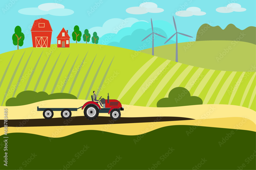A tractor with a cart is driving through the field. Drawing of a rural ...