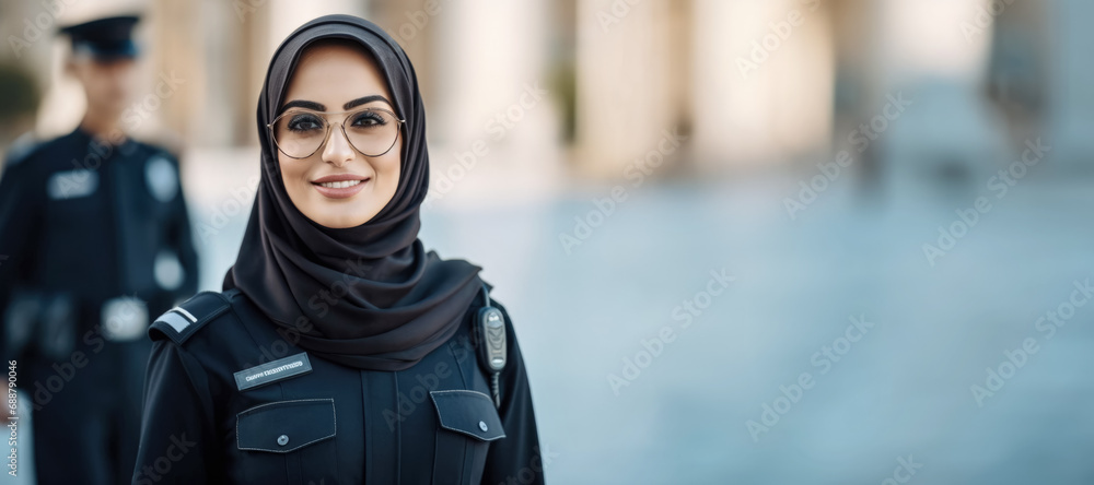 Young Middle Eastern woman wearing hijab working as police officer or ...