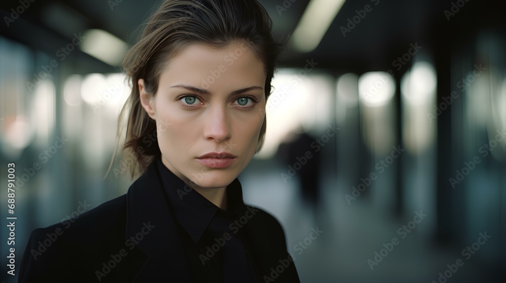 a stoic female detective, with a cold, piercing gaze and a black suit ...