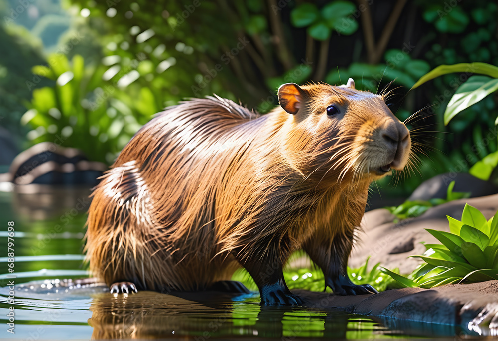A peaceful image capturing the serenity of a capybara relaxing ...