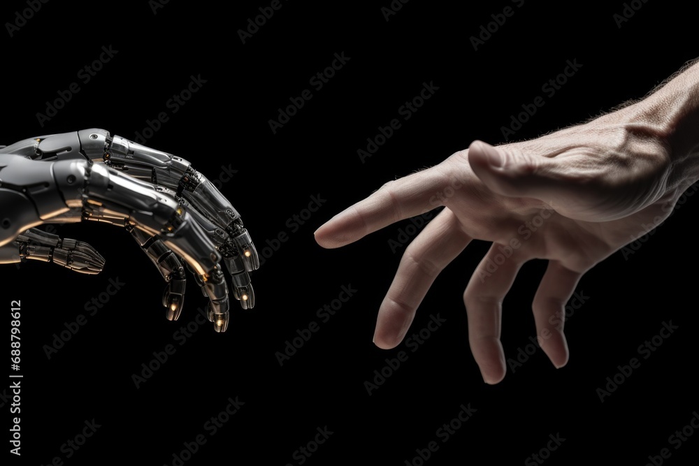 Two hands reaching towards each other in front of a black background ...