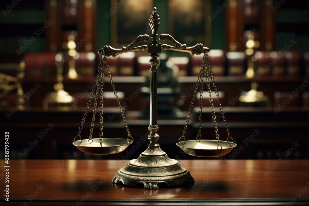 A scale of justice placed on a table in a courtroom. Suitable for legal ...