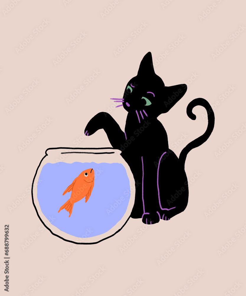 Cartoon cat playing with fish in tank Stock Illustration | Adobe Stock