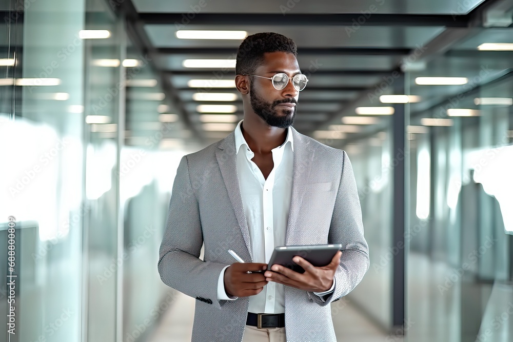 Busy business man project manager looking away holding digital tablet ...