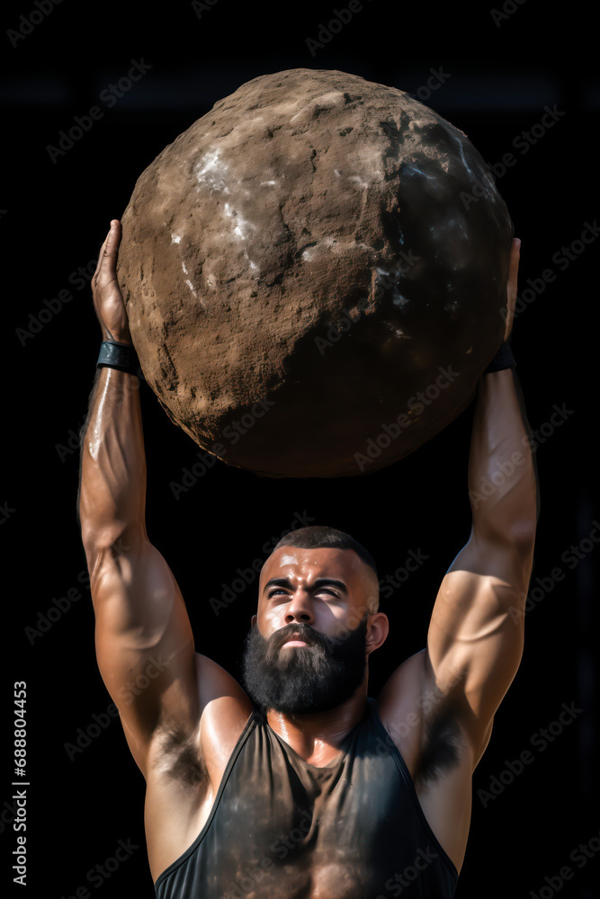 Strongman lifting holding a huge concrete atlas stone above his head ...