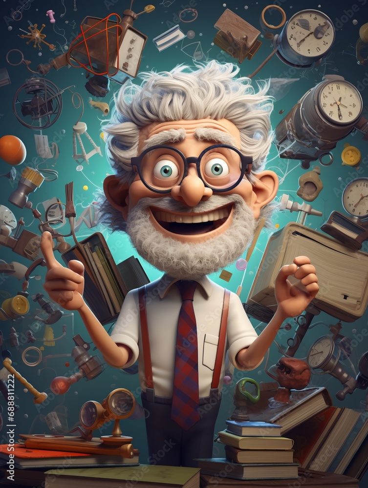 cartoon smily old scientist inventor with many educational tools and ...