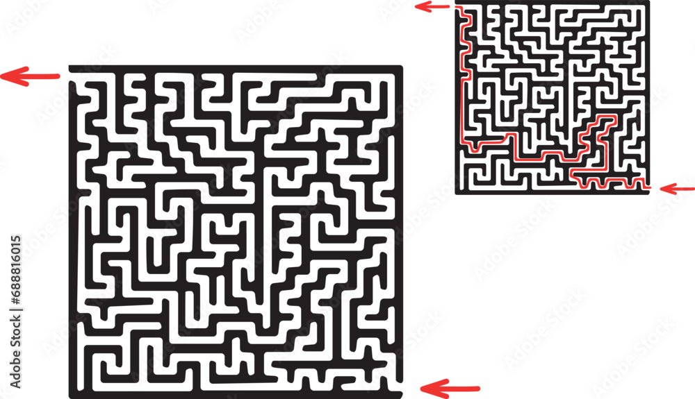 Vector rectangular labyrinth with entry and exit. Difficulty level - medium. Maze inside cave ...