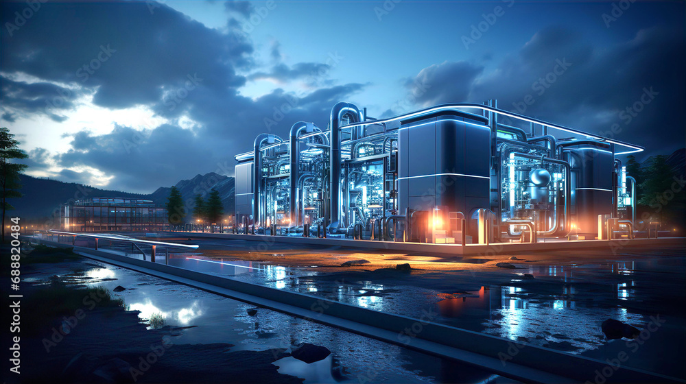 Exterior of Futuristic power station with shiny pipes, lights ...