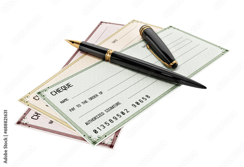 Colored cheques and ink pen isolated on transparent background. 3D ...
