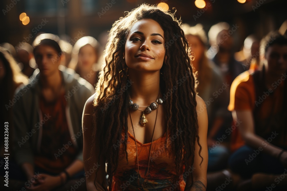 A stunning woman with cascading curly hair sits among a group of people ...