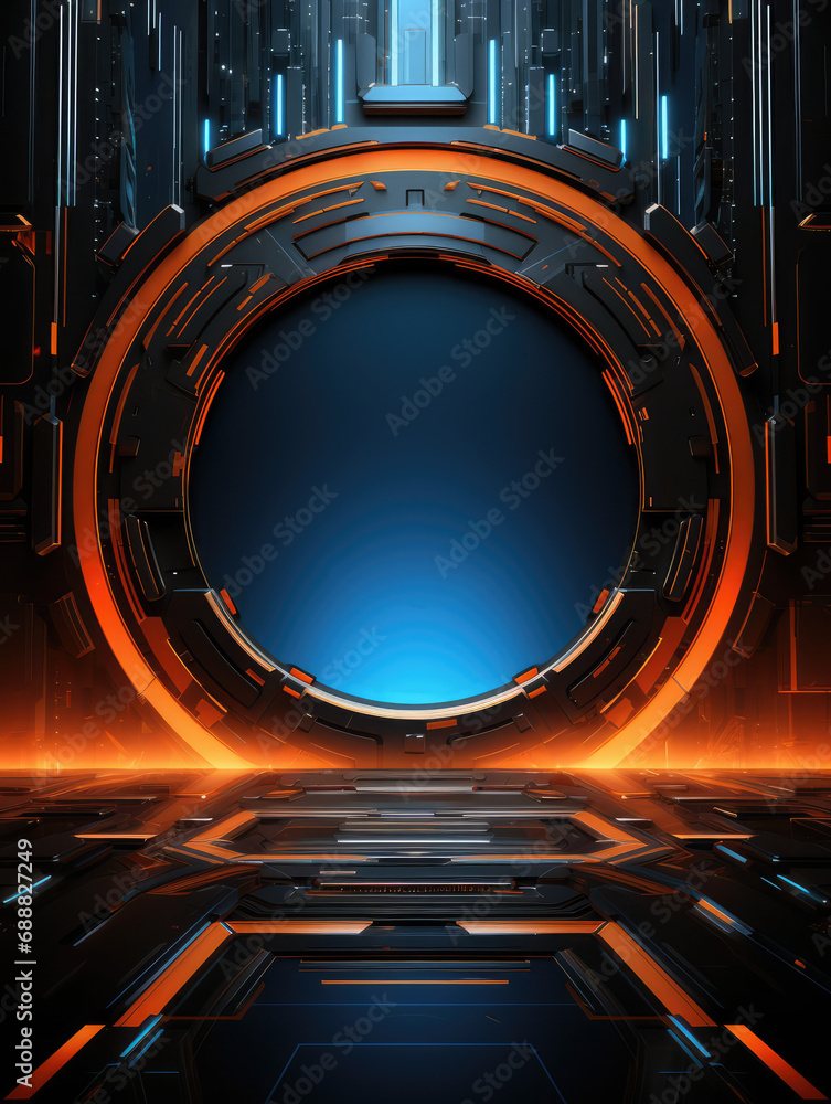 A glowing circular portal in a futuristic cityscape at night. Vertical ...